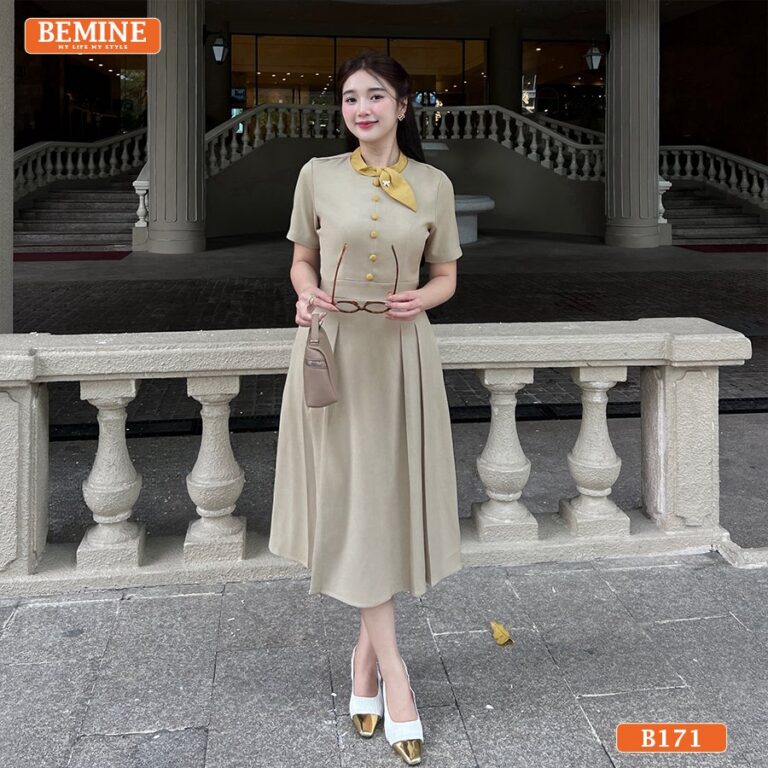 Đầm Thiết Kế BEMINE Cổ Trụ Phối Viền Nơ Đính Cúc B171